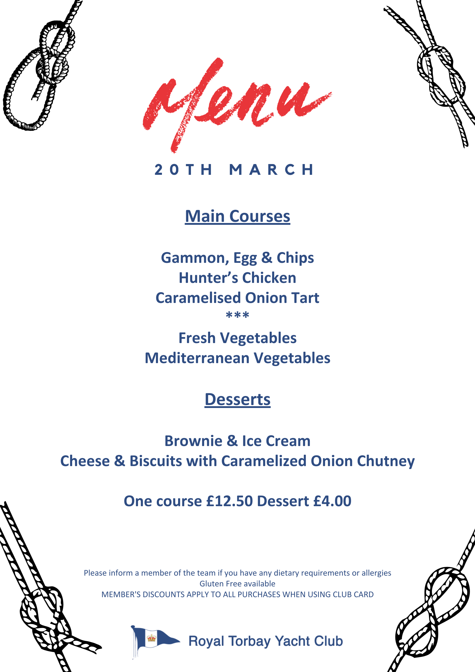 Food and Drinks | Royal Torbay Yacht Club