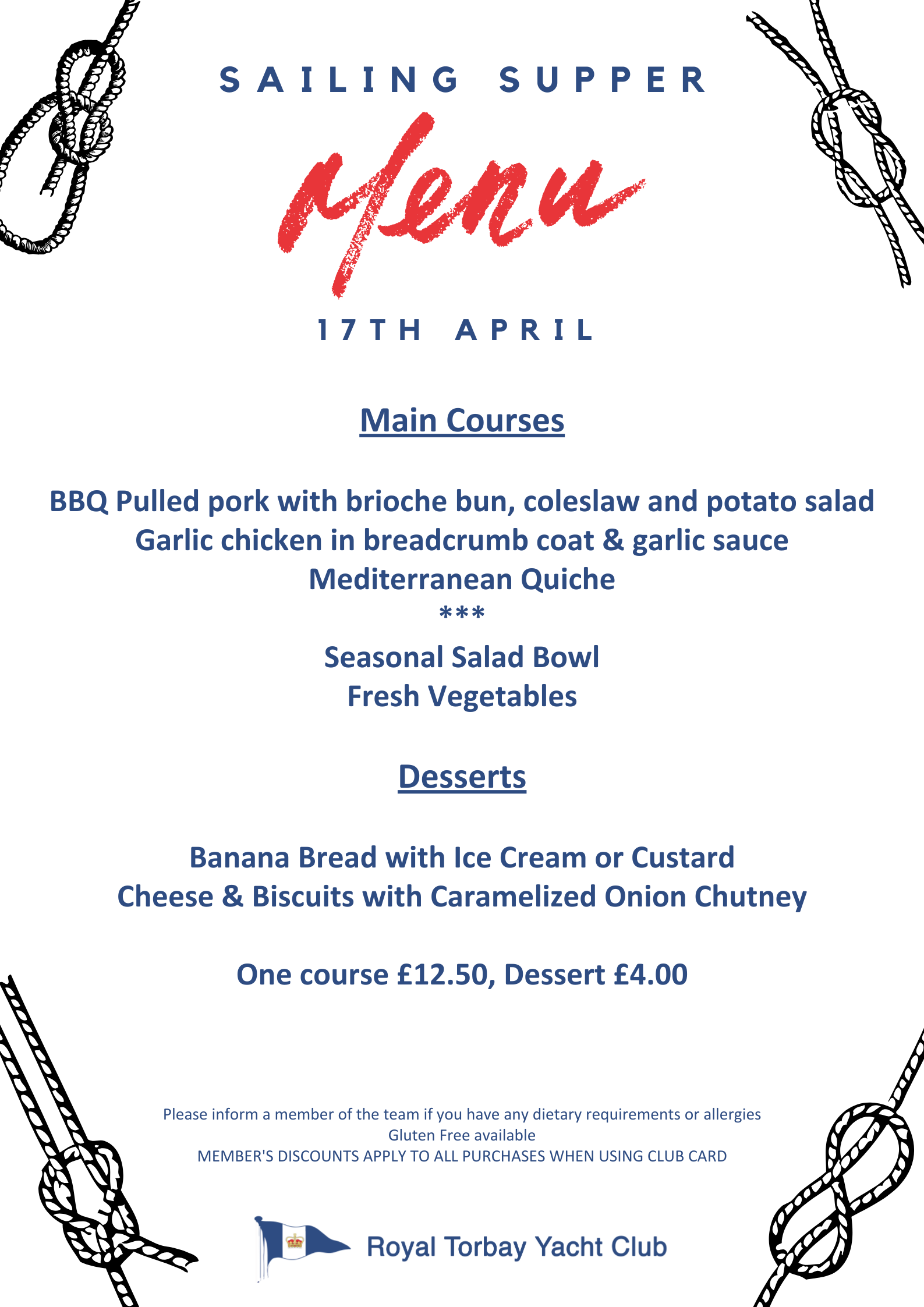 Food and Drinks | Royal Torbay Yacht Club