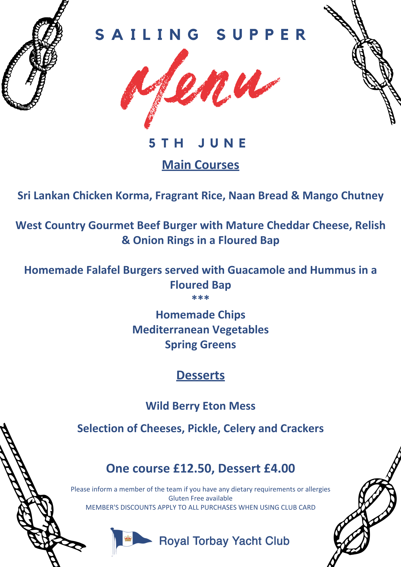 Food and Drinks | Royal Torbay Yacht Club